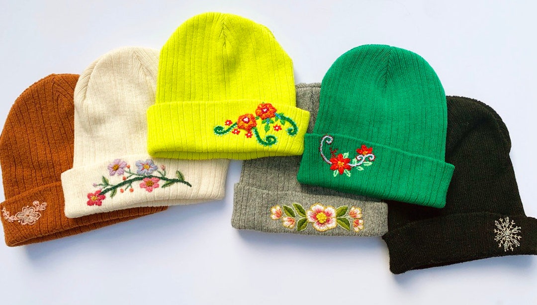 Hand Embroidered Beanie Winter Hat Toboggan Handmade Ladies Hat Floral ...
