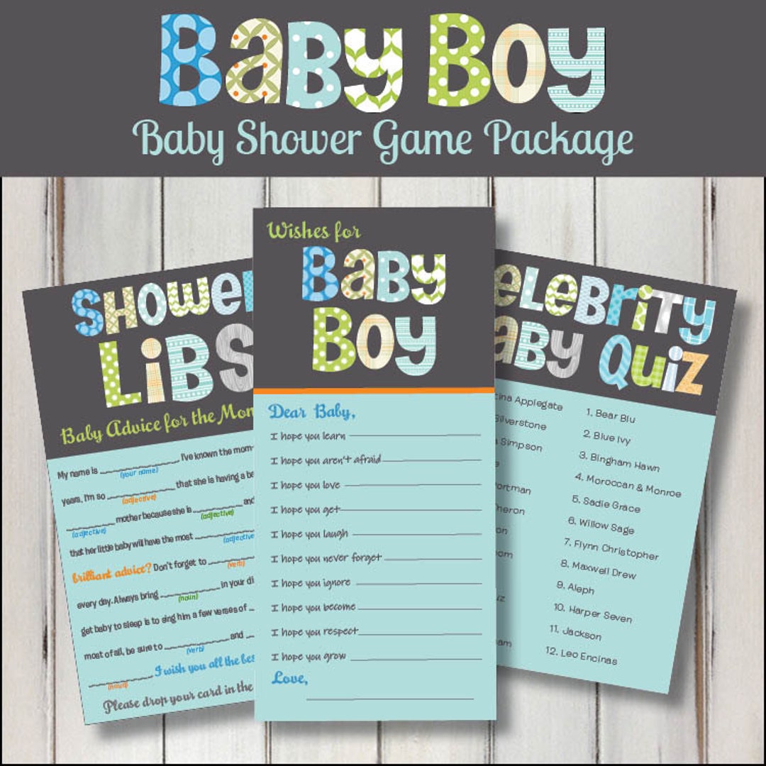 Baby Boy Game Package Set Printable Baby Shower Funky Letters Wishes ...