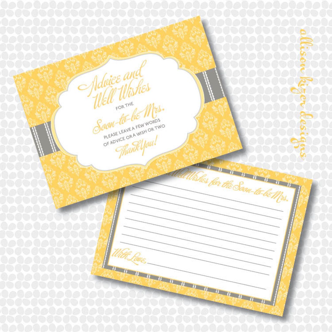 Yellow & Gray Printable Bridal Shower Game Advice and Well Wishes Cards ...