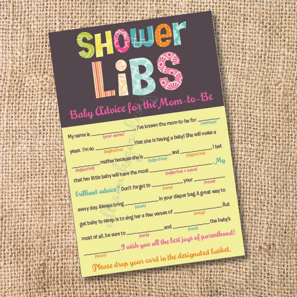 Printable Baby Shower Mad Libs Baby Girl Funky Letters Advice for the ...