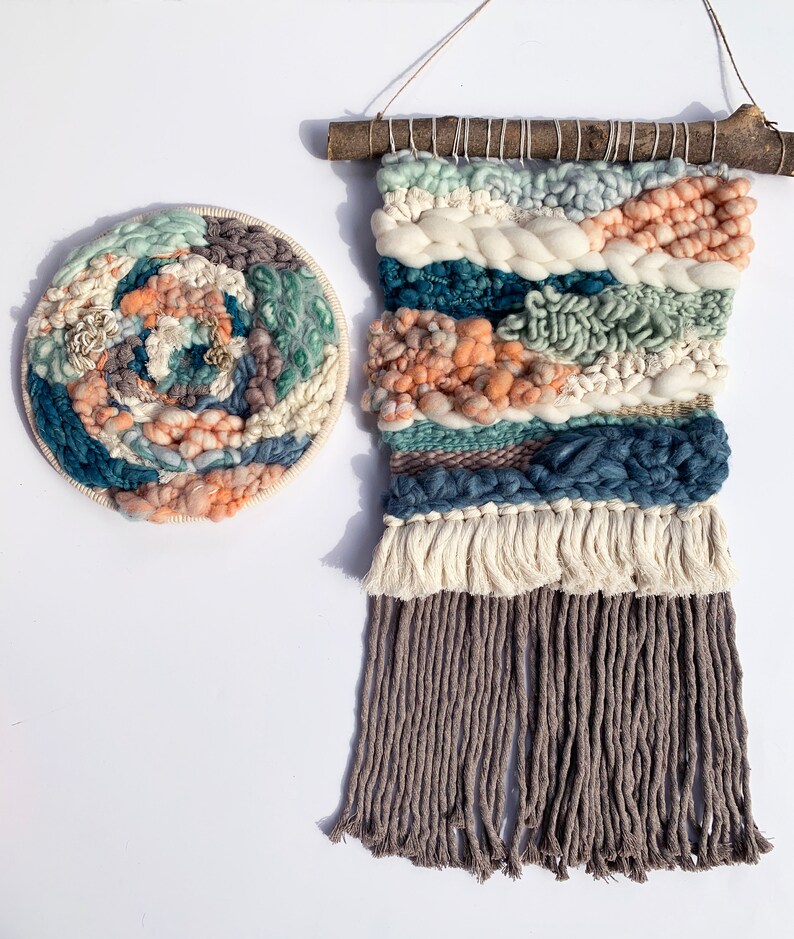 Boho Coastal Round Woven Wall Hanging Peach and Teal 10 - Etsy
