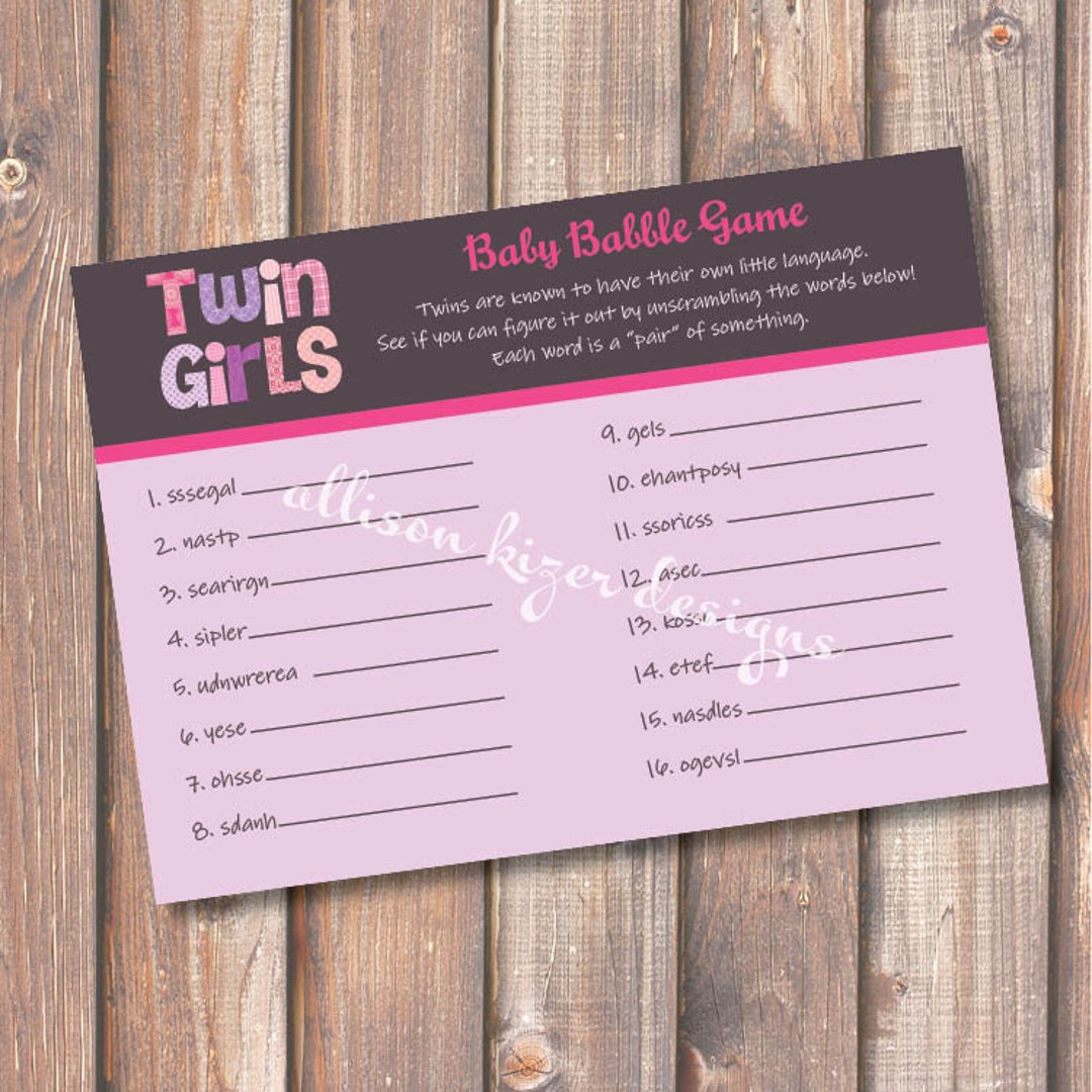 Printable Twin Girls Baby Shower Game Pink and Purple Funky Letters ...