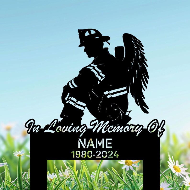 Personalized Firefighter Grave Marker, Angel Wing Fireman Memorial Sign ...