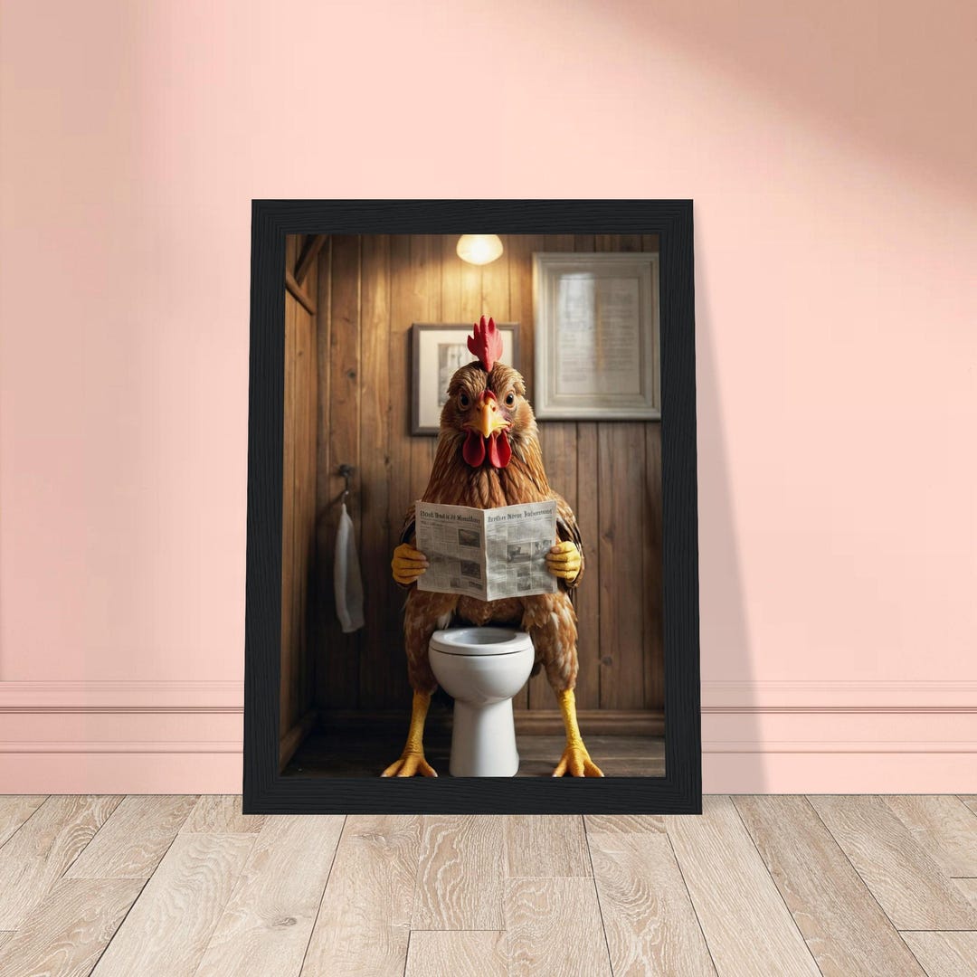 Funny Chicken Bathroom Wall Art, Hen Reading Newspaper, Rustic ...
