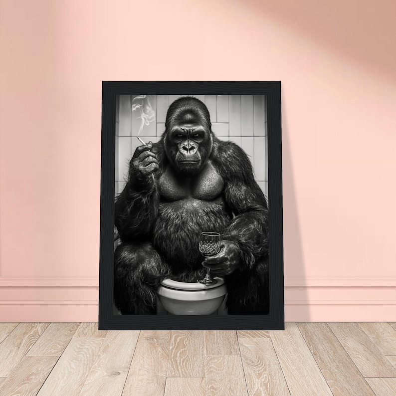 Funny Gorilla Toilet Art, Smoking Drinking Print, Edgy Bathroom Decor ...