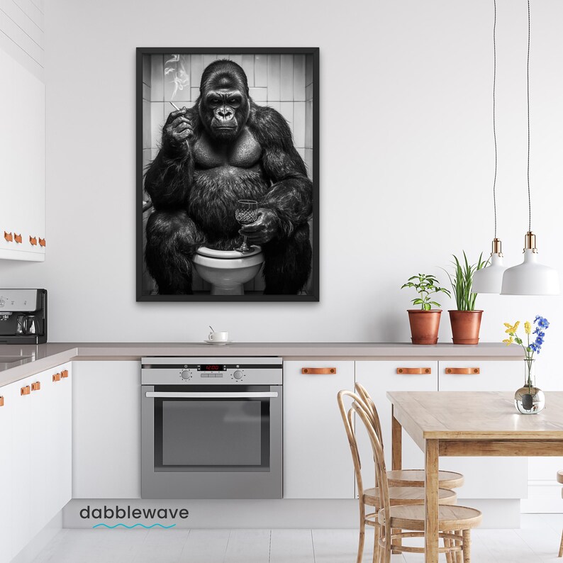 Funny Gorilla Toilet Art, Smoking Drinking Print, Edgy Bathroom Decor ...