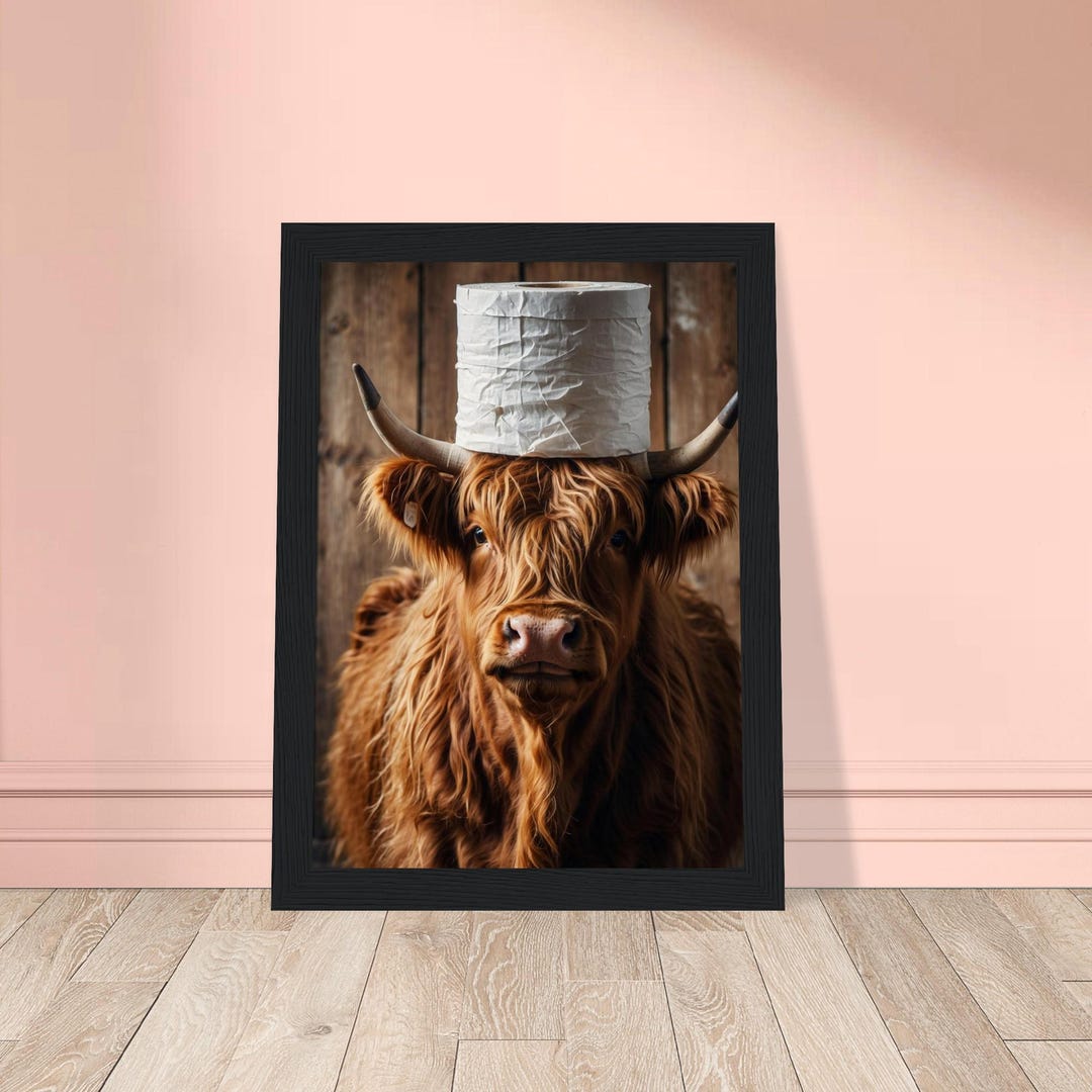 Funny Highland Cow Toilet Paper Hat Poster, Rustic Farmhouse Bathroom ...