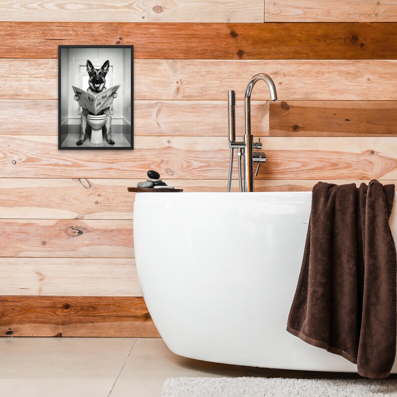 Funny German Shepherd on Toilet Print, Black and White Dog Poster ...