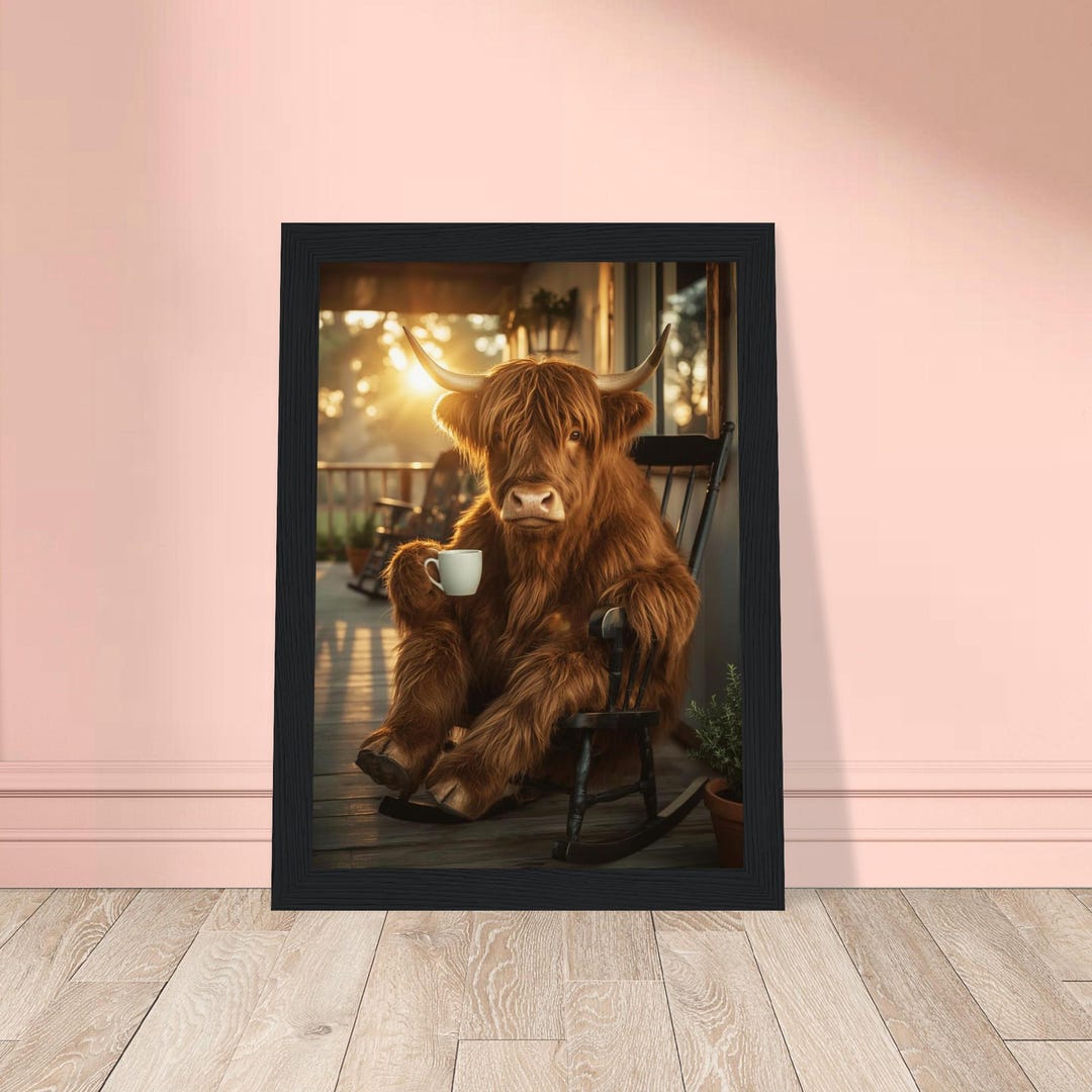 Highland Cow Porch Coffee Art Print, Cozy Farmhouse Wall Decor With ...