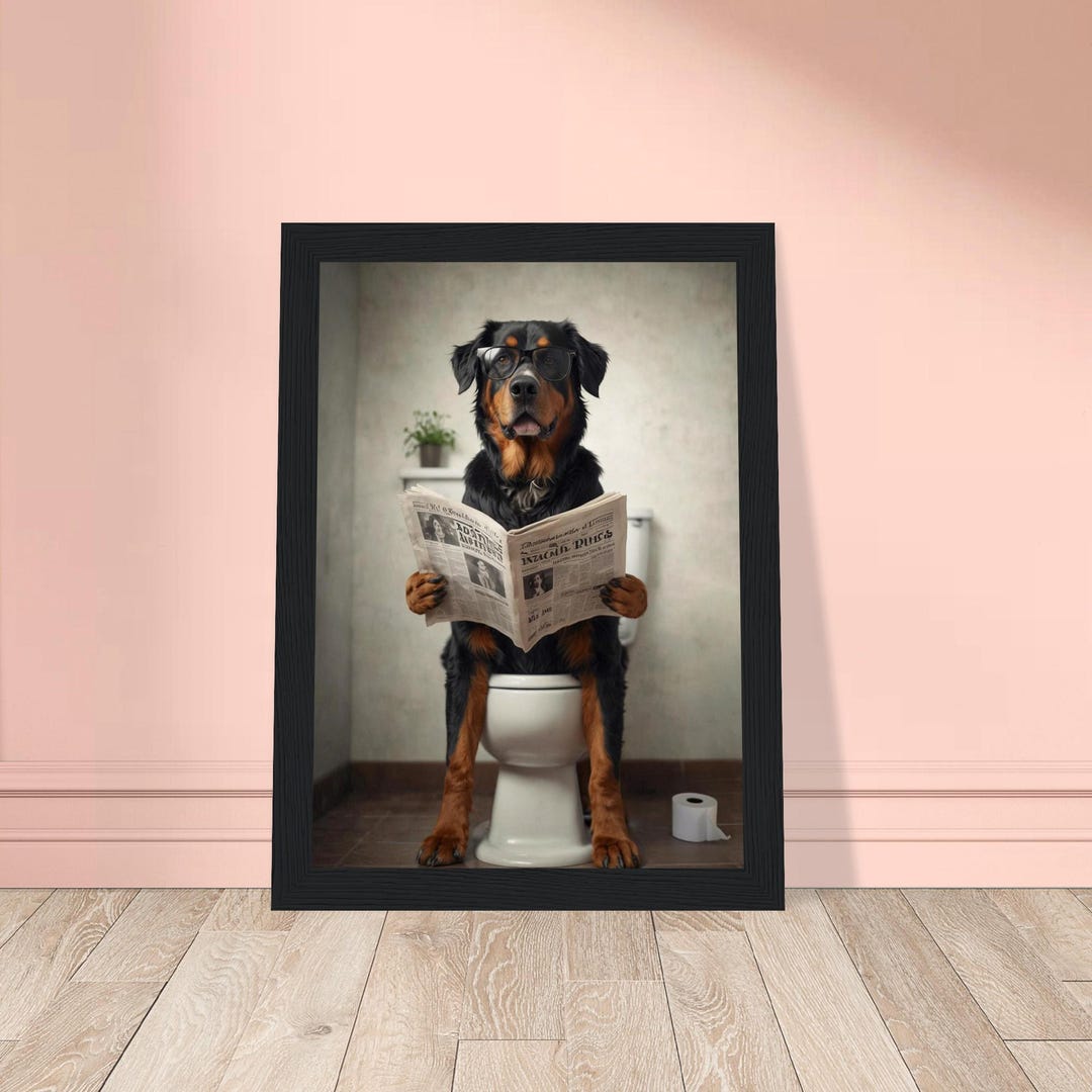 Funny Rottweiler on Toilet Reading Newspaper Poster, Dog in Glasses ...