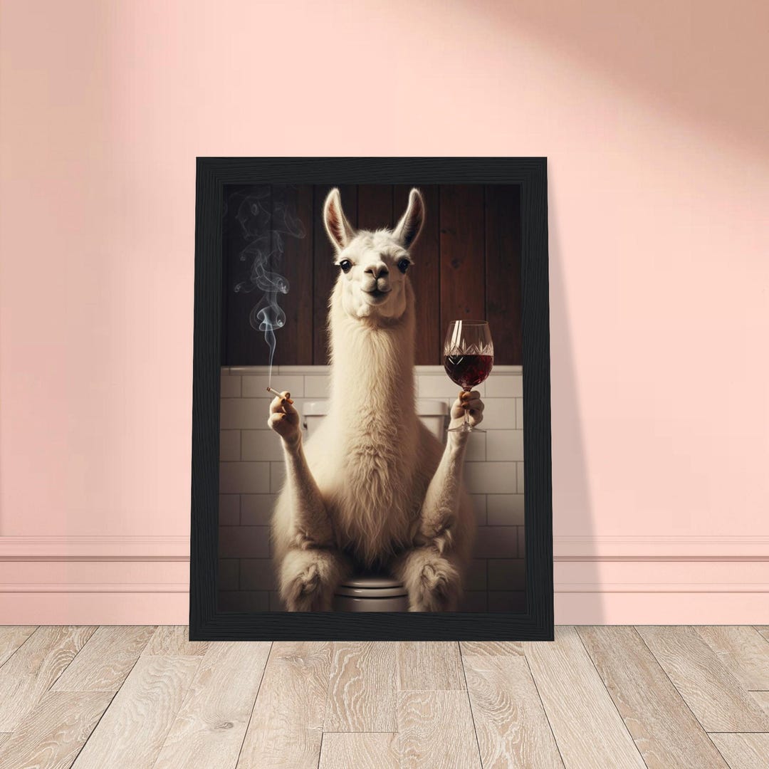 Llama Smoking on Toilet – Funny Bathroom Art Print & Framed Canvas for ...