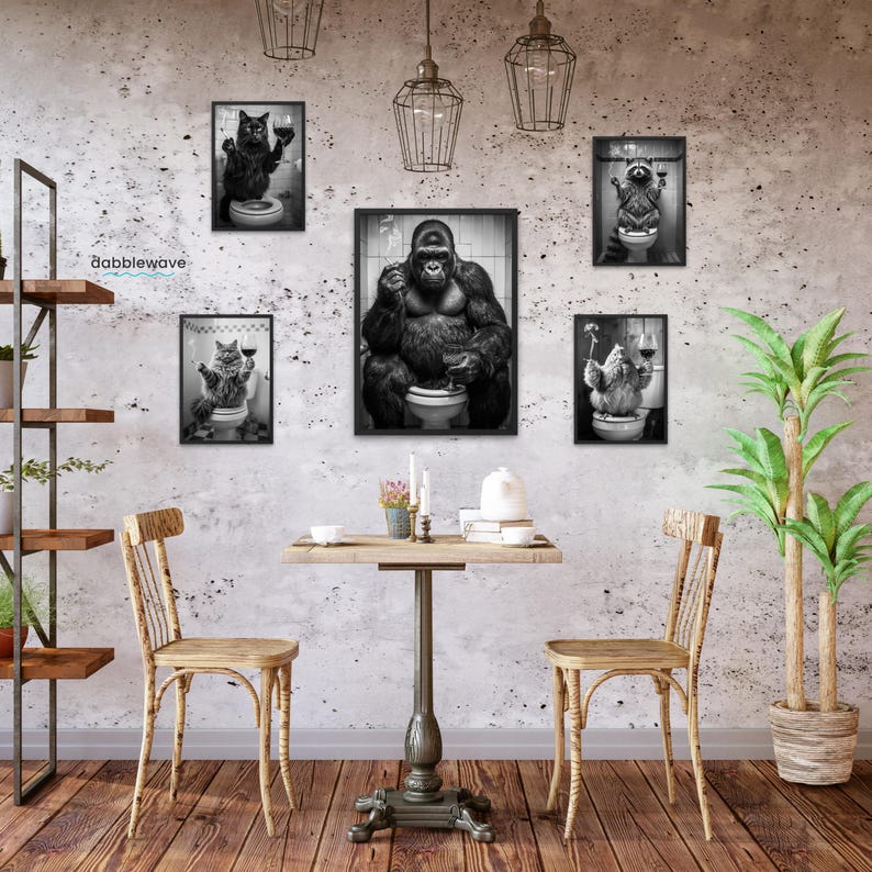 Funny Gorilla Toilet Art, Smoking Drinking Print, Edgy Bathroom Decor ...
