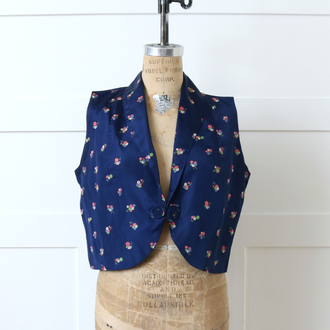 Vintage 1930s Silk Vest • navy Blue Tiny Floral Shawl Collar Vest ...
