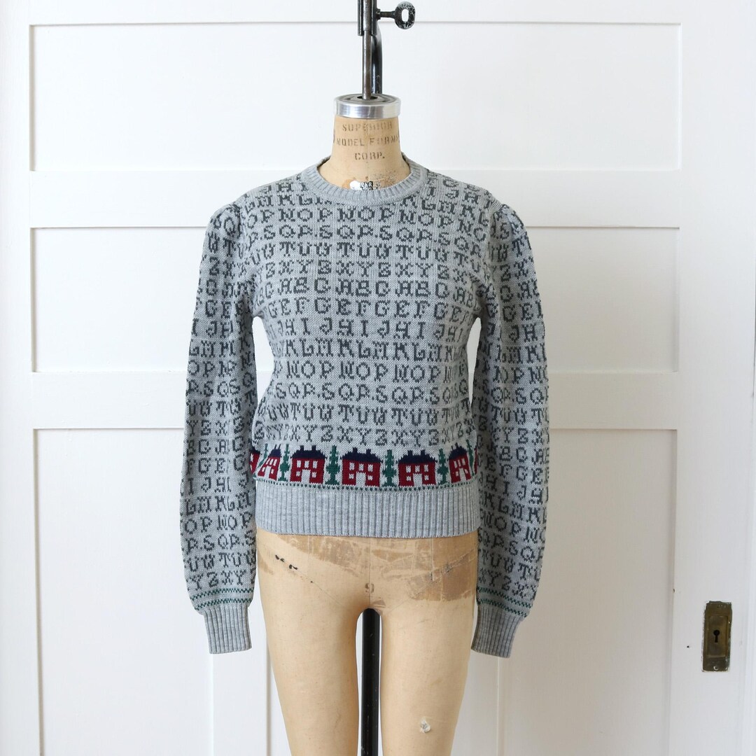 Vintage 1980s Alphabet Sweater • Puff Sleeve Gray Acrylic Pullover - Etsy