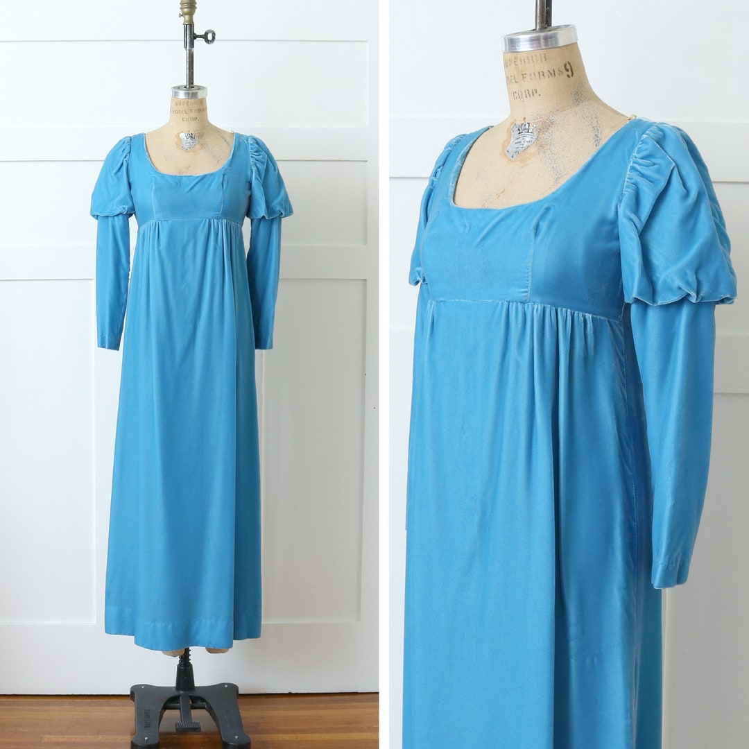 Vintage 1970s Turquoise Blue Velvet Dress Full Length Empire Waist Puff ...