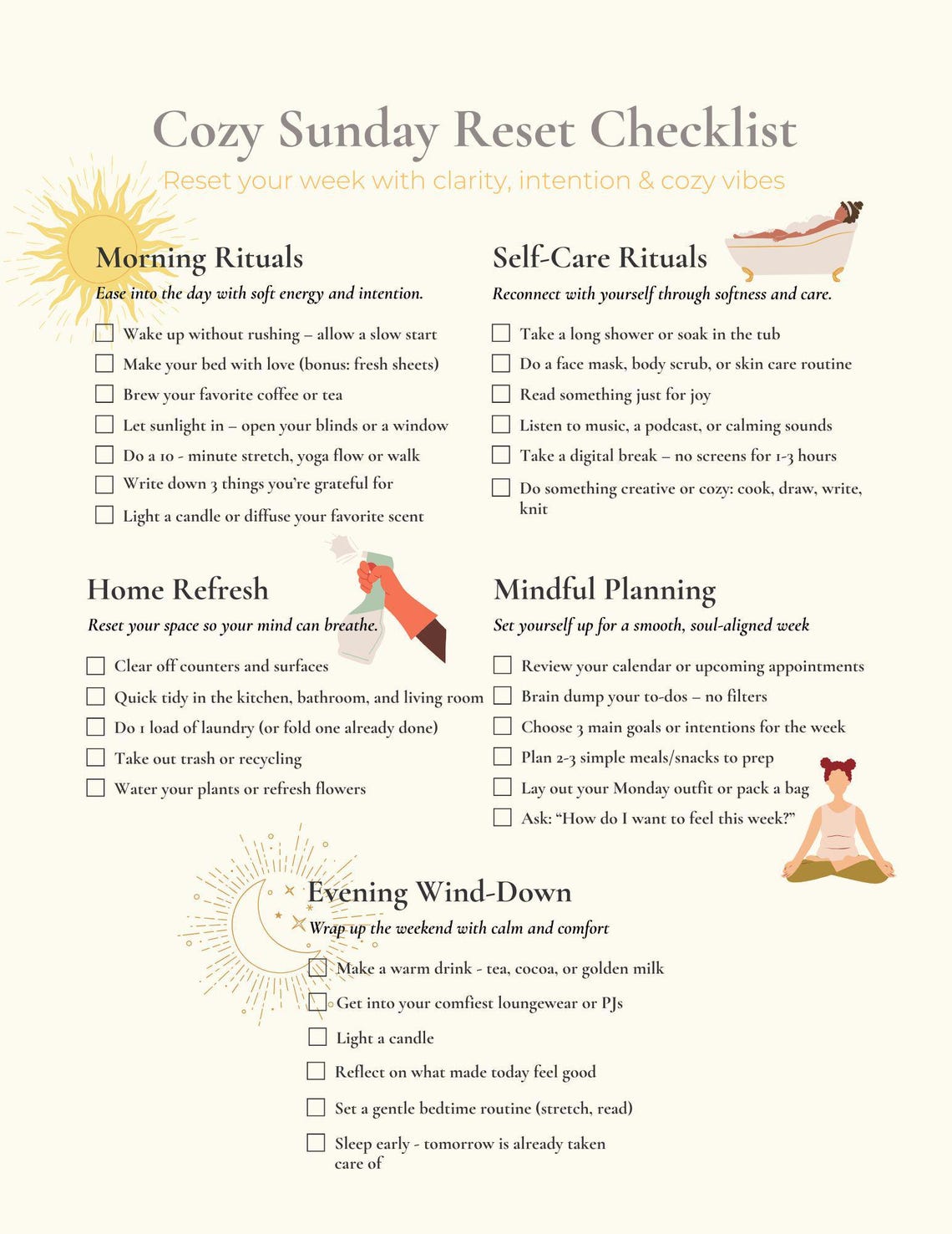 Cozy Sunday Reset Checklist | Printable Morning Routine Planner | Self ...