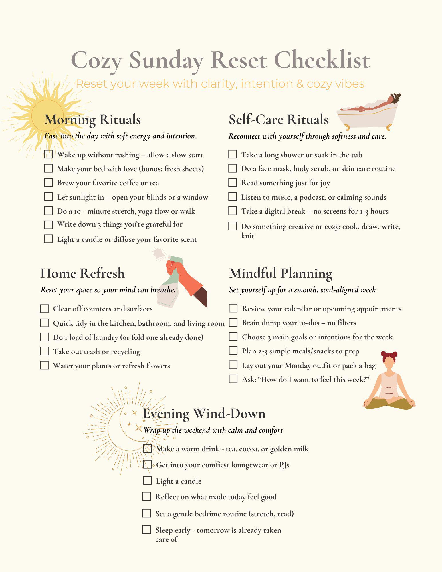 Cozy Sunday Reset Checklist | Printable Morning Routine Planner | Self ...