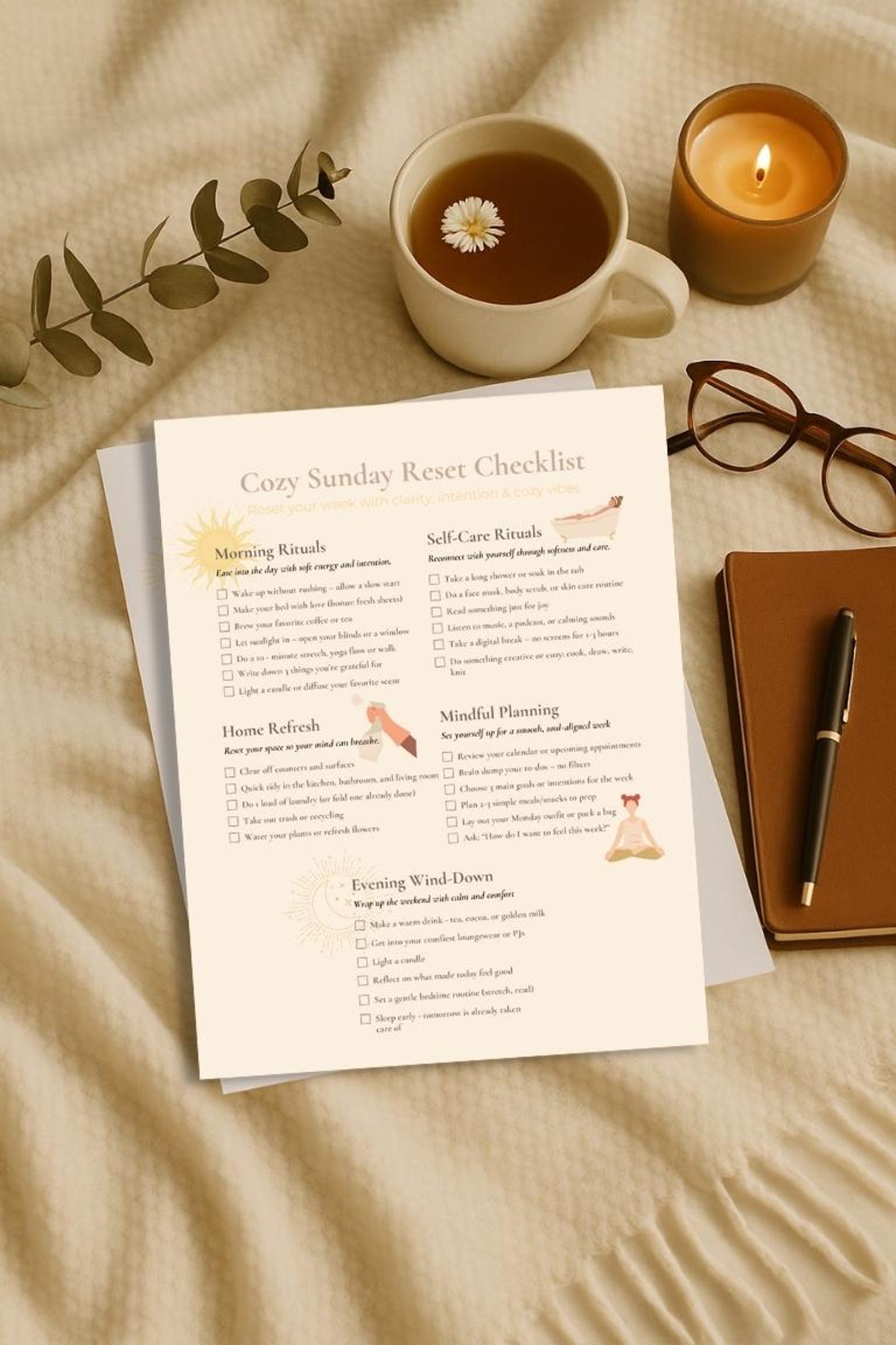 Cozy Sunday Reset Checklist | Printable Morning Routine Planner | Self ...