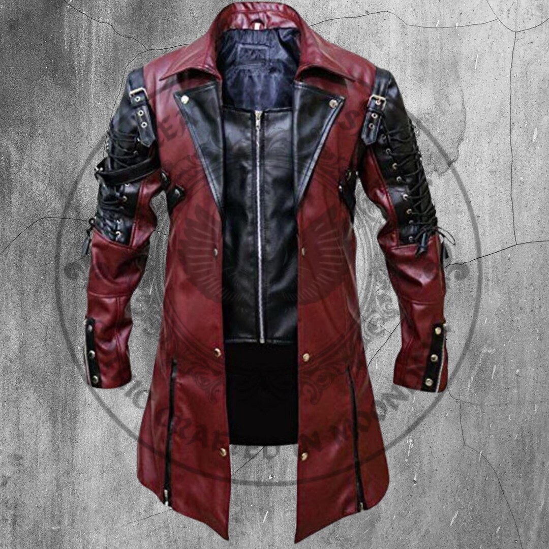 Steampunk Gothic Men's Faux Leather Coat– Dark Reddish & Black Long ...