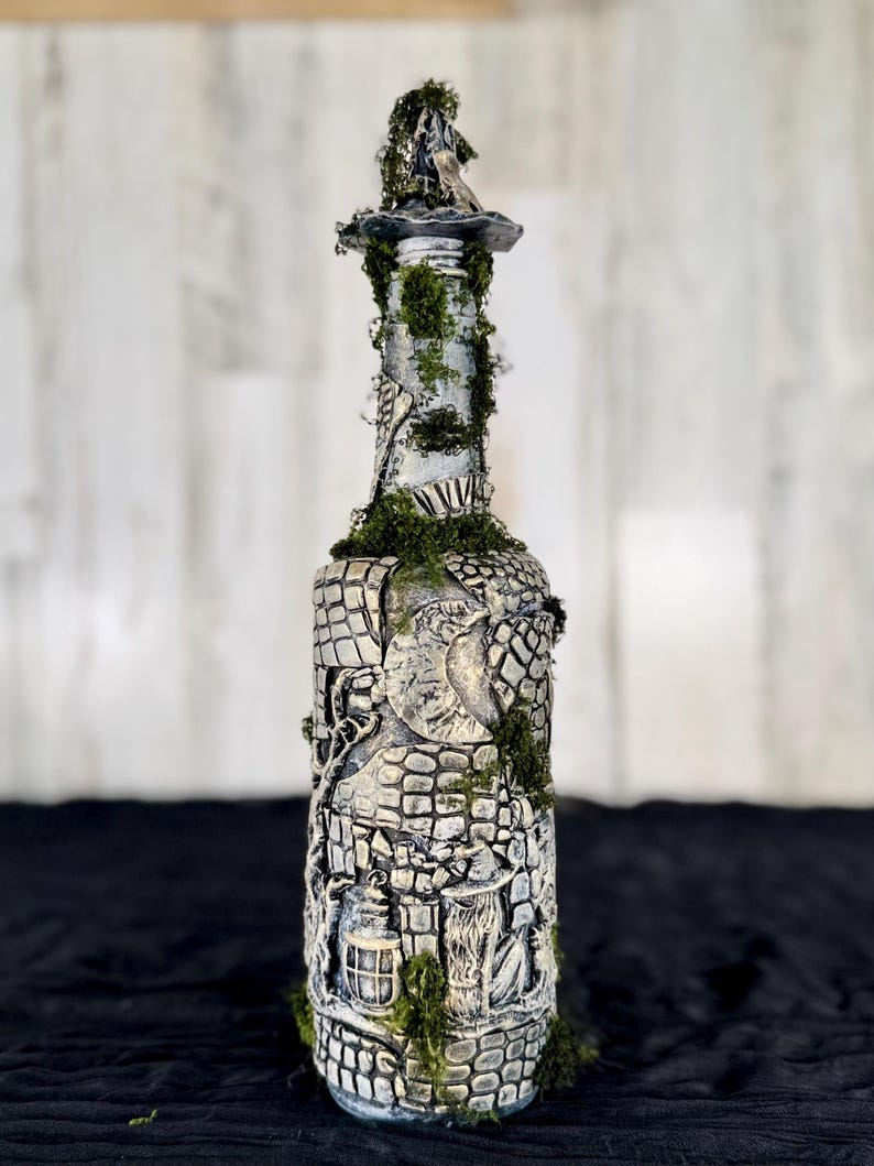 Handmade Witchy Potion Bottle: Cat Label, Moss Accents, Gothic Decor 14 ...