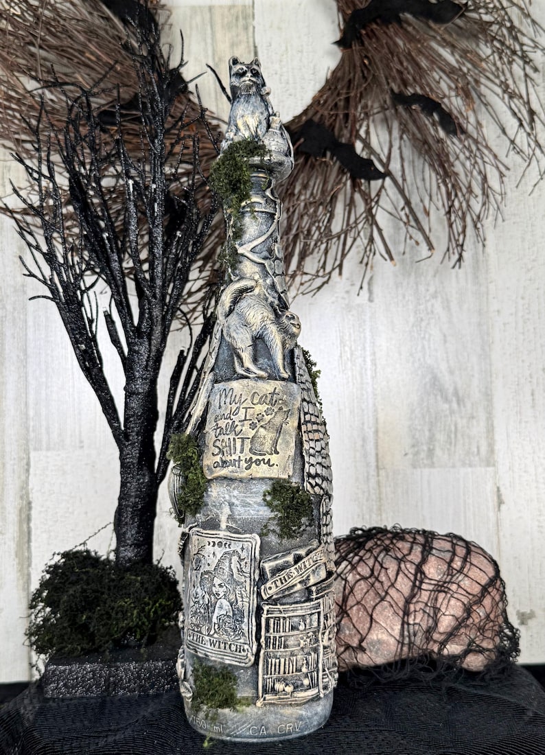 Handmade Black Cat Witch Potion Bottle: Gothic Halloween Decor, Aged ...