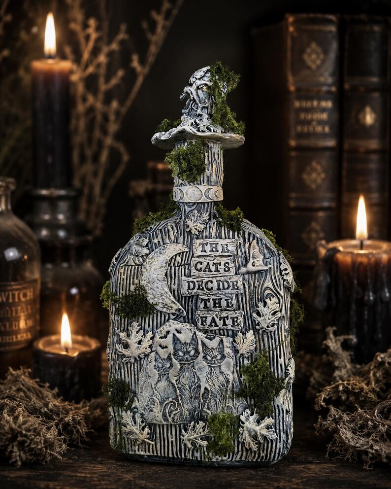 Handmade Black Cat Witch Bottle Decor: Gothic Halloween Spooky Accents ...