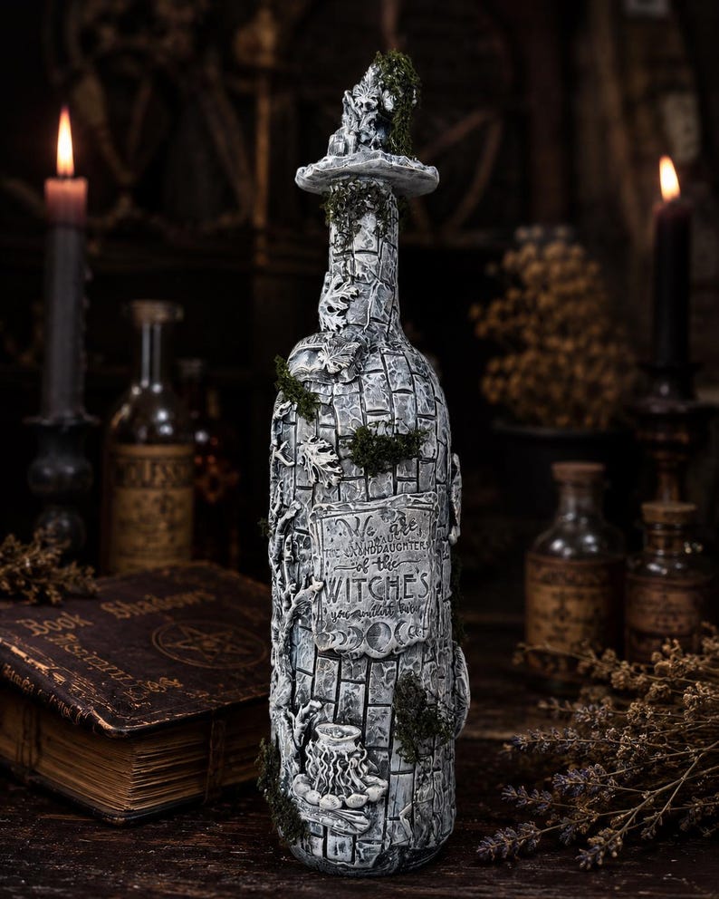 Handmade Witch Bottle Decor, Gothic Stone Texture, Cat Lover, Bat ...