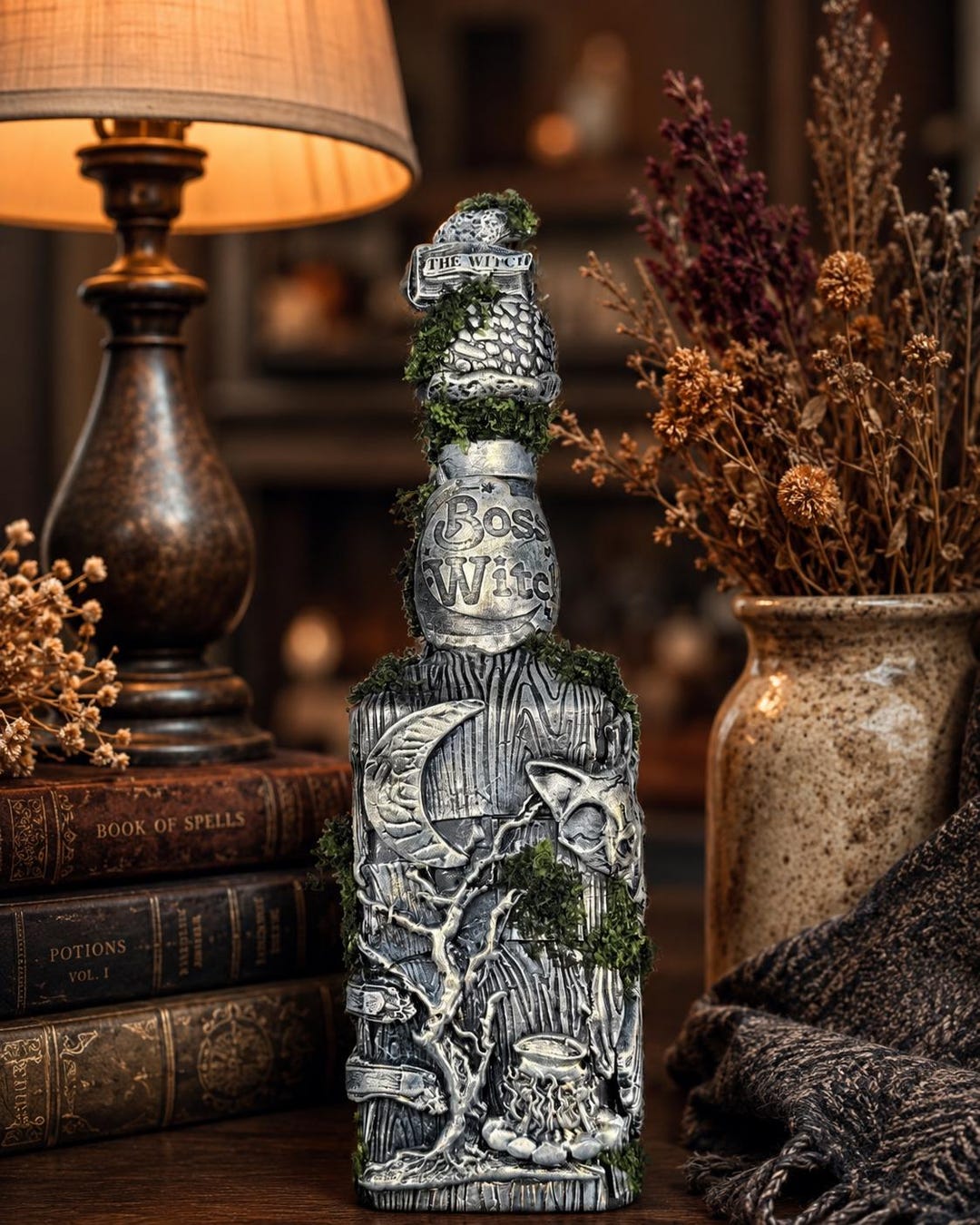 Handcrafted Witch Potion Moon Bottle: Gothic Decor, Skull, Cauldron ...