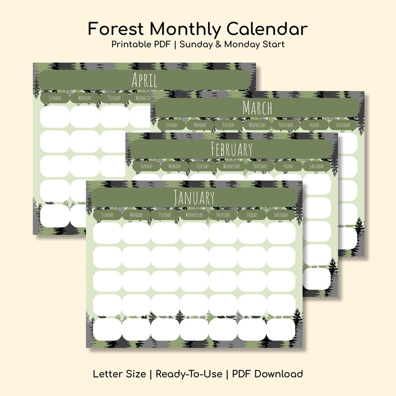 Forest Monthly Calendar Printable | Undated Calendar PDF | Letter Size ...
