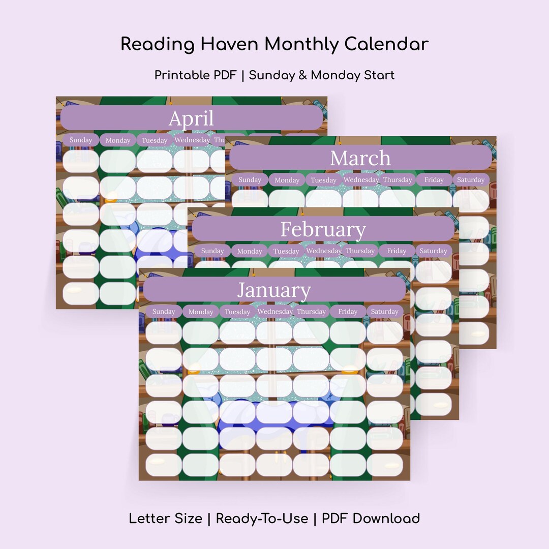 Reading Haven Monthly Calendar PDF | Undated Cozy Book Lover Digital ...