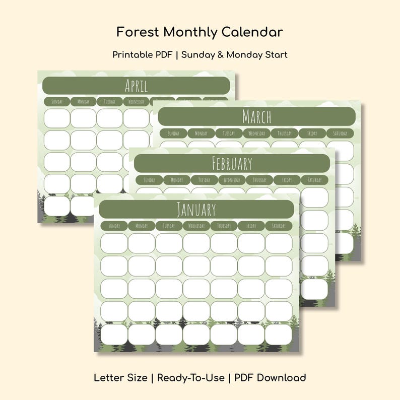 Forest Monthly Calendar - Cloudy Edition | Printable Undated PDF ...