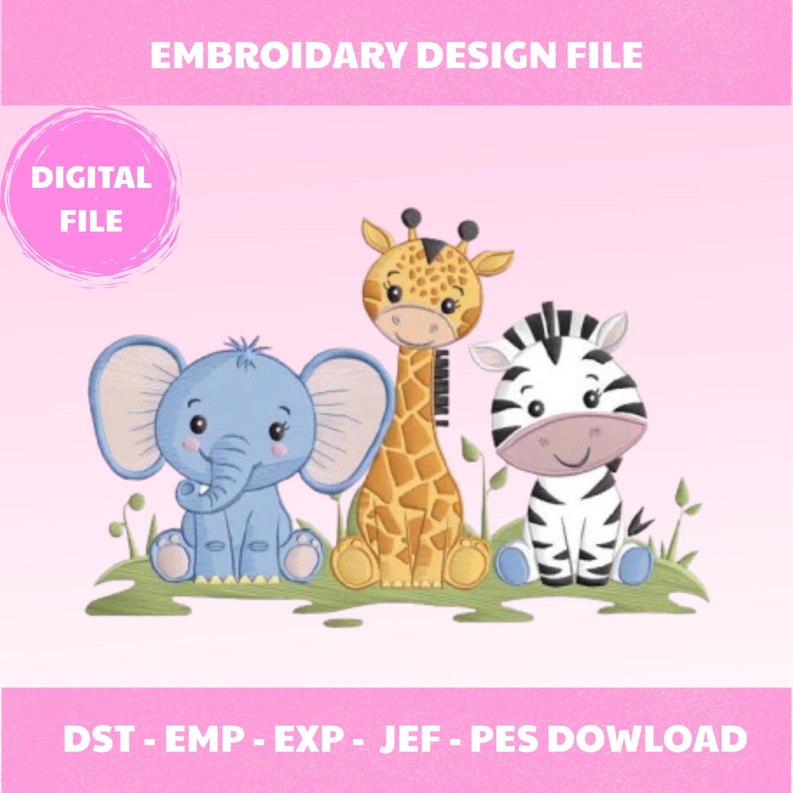 Baby Safari Animals Embroidery Design - Elephant Giraffe Zebra - Cute ...