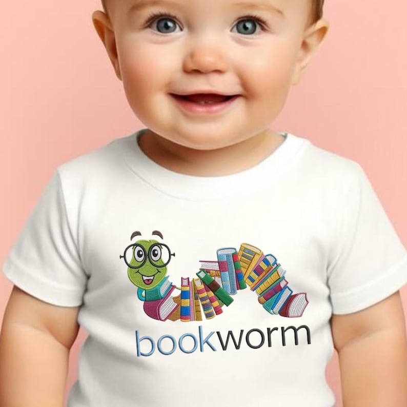 Cute Bookworm Embroidery Design for Kids and Book Lovers, Fun Reading ...