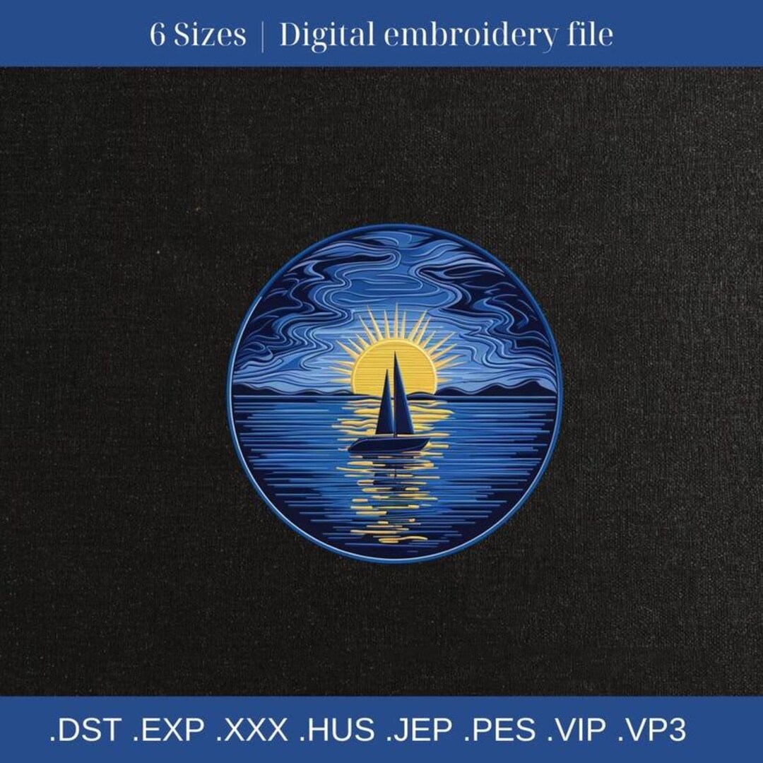 Sailboat Sunset Embroidery Design, Nautical Ocean Machine Embroidery ...