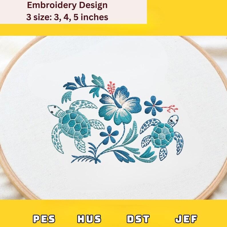 Sea Turtle and Tropical Flower Machine Embroidery Design, Ocean Theme ...