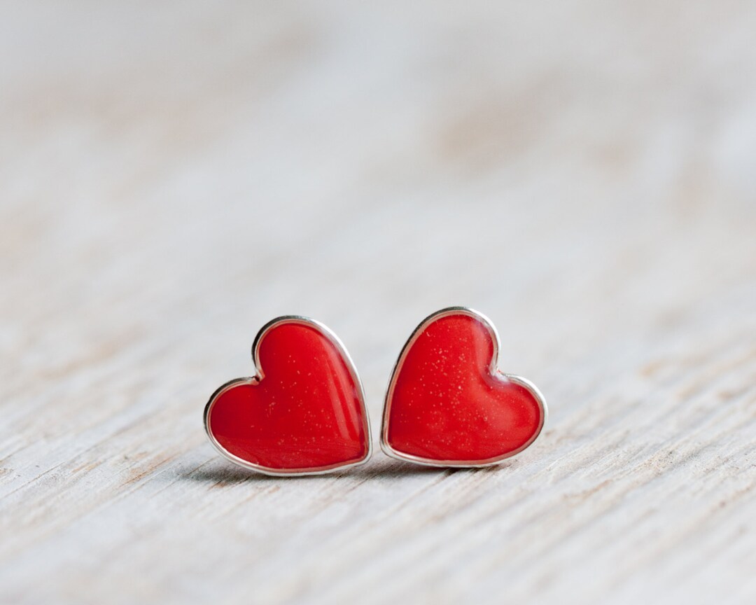 Earring Studs - Vermilion Red Hearts - Heart Earrings - Etsy