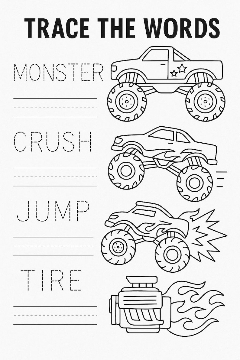 Monster Truck Activity Pack Printable | Tracing, Maze, Build-a-truck ...