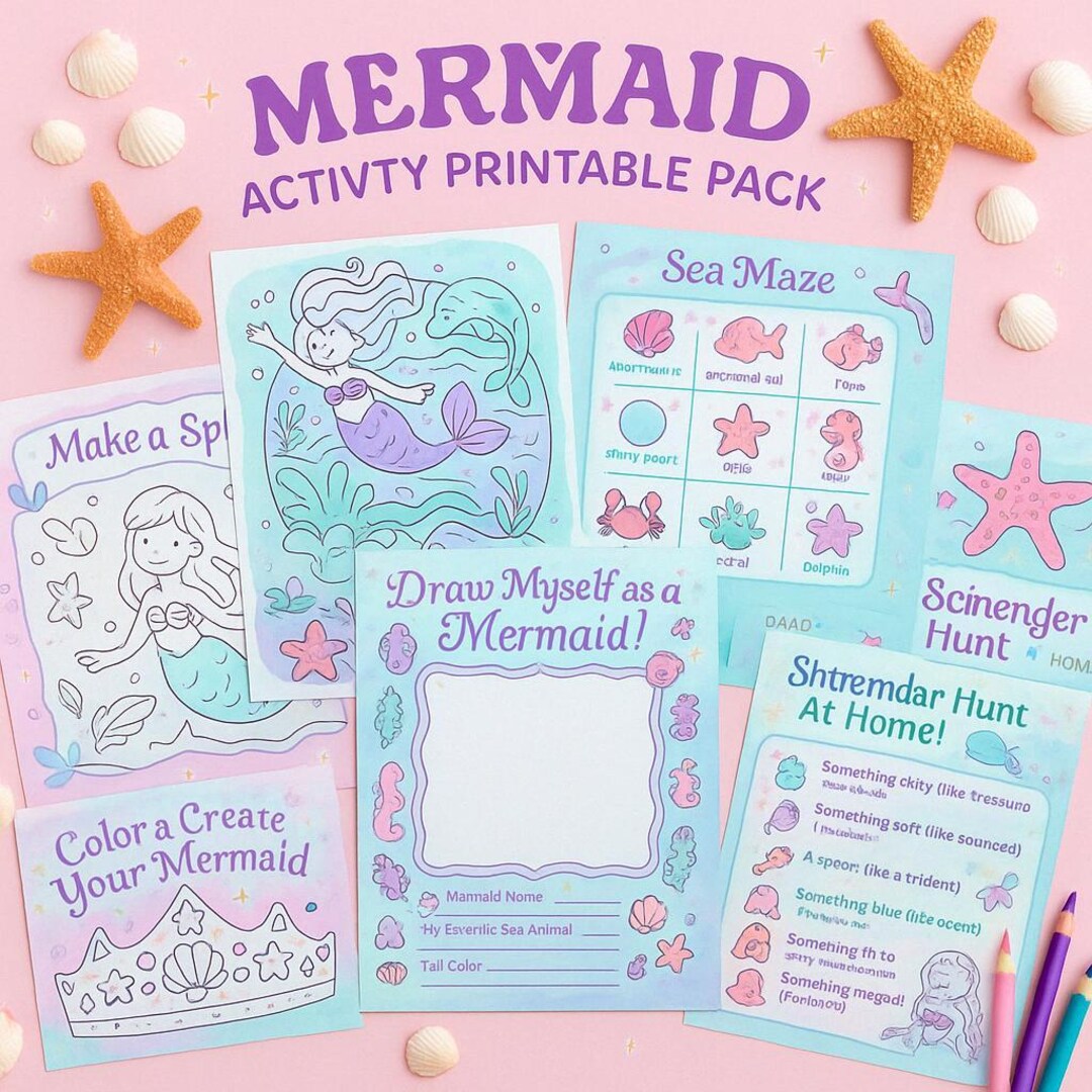 Mermaid Activity Printable Pack: Kids Games, Mazes, Coloring (ages 3-8 ...