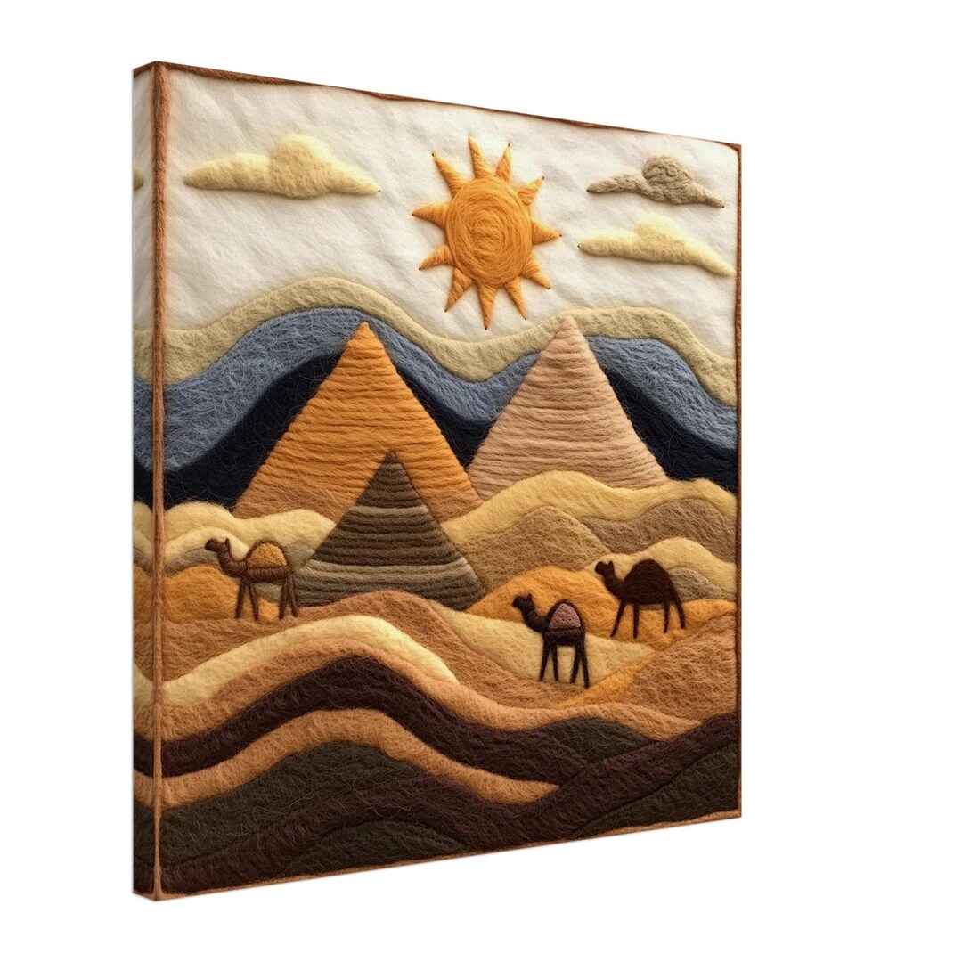 Giza Pyramids, Felt Artwork of Egyptian Desert, Textile Art Canvas ...