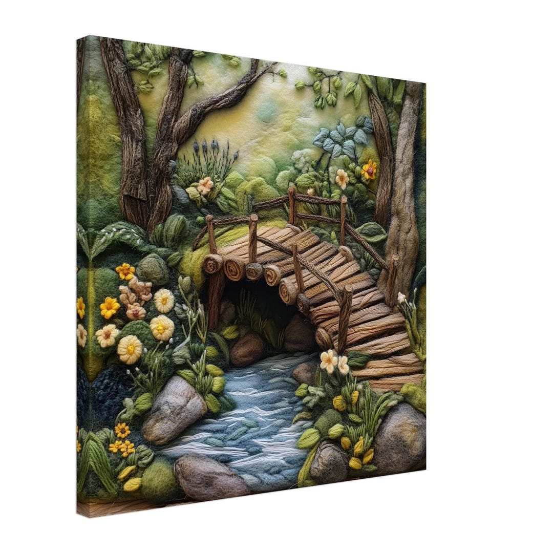Forest Bridge, Felt Artwork of a Woodland Scene, Textile Art Canvas ...