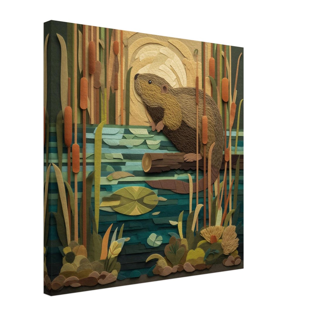 Pond Beaver, Felt Artwork of Aquatic Wildlife, Textile Art Canvas Print ...