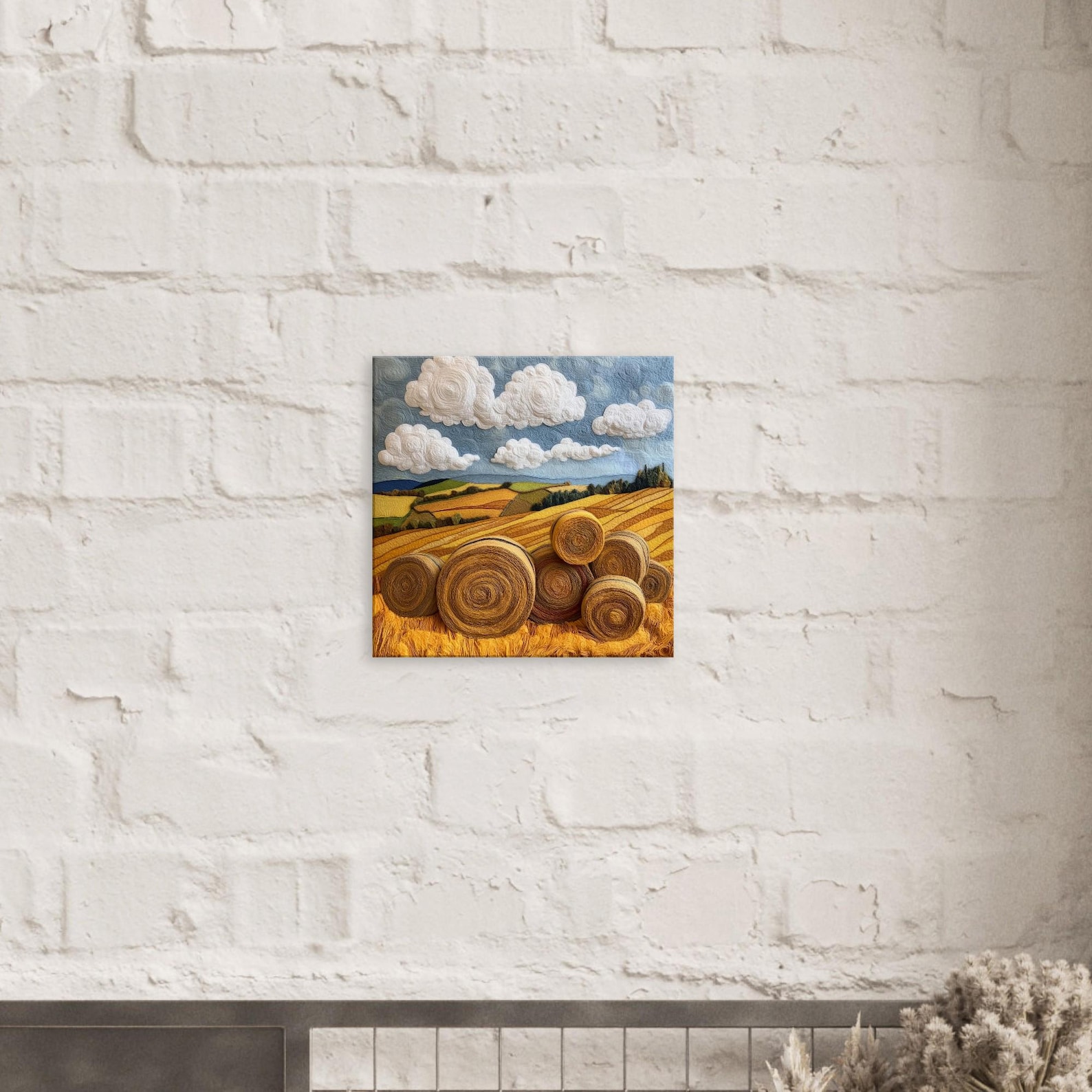 Hay Bale Field, Felt Artwork of a Rural Landscape, Textile Art Canvas ...