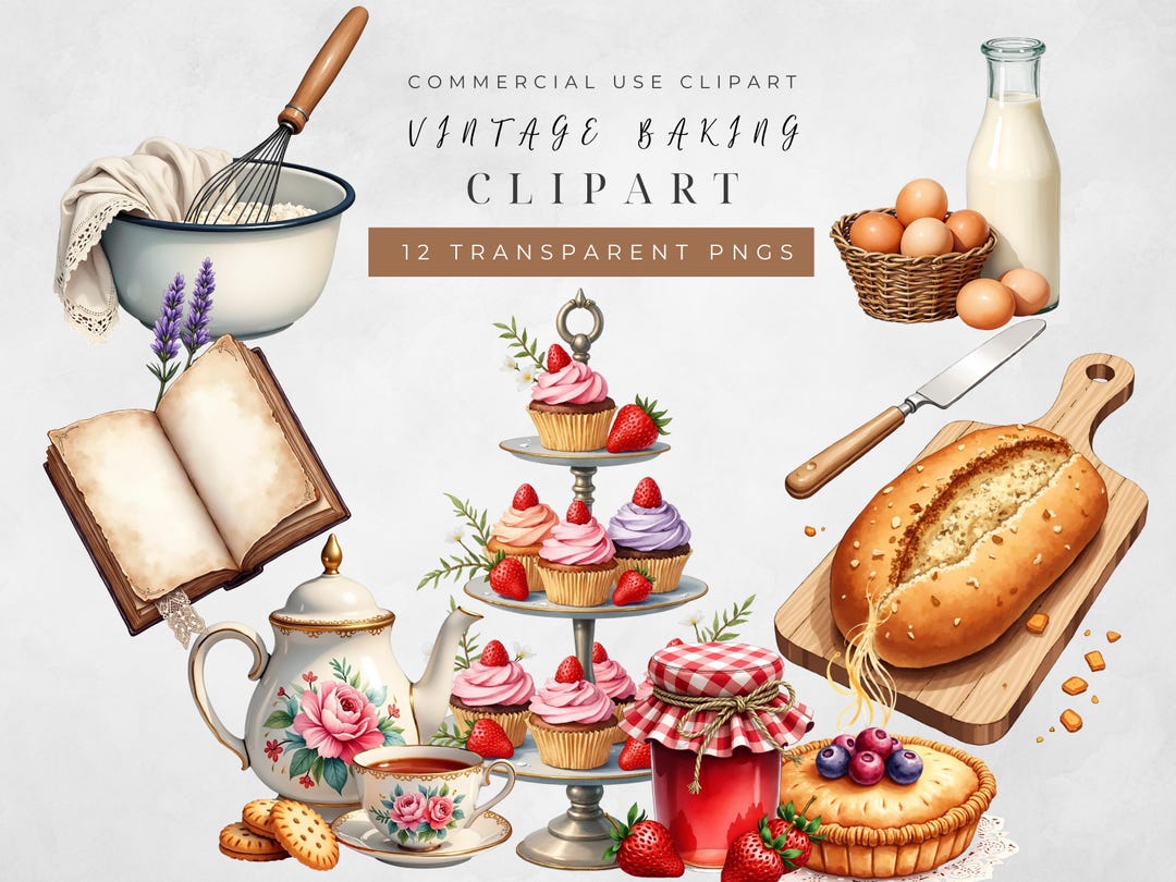 Vintage Baking Clipart | Retro Kitchen Pngs | Victorian Tea Set, Bread ...