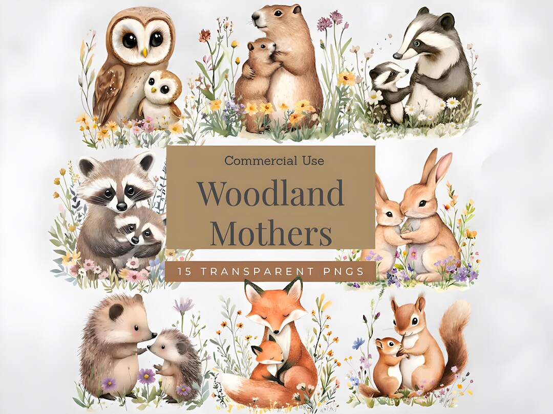 Woodland Animal Clipart PNG Bundle, Mother Baby Forest Animals, Cute ...