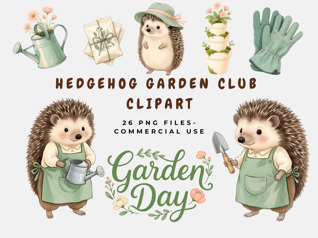 Hedgehog Garden Clipart Bundle, Cottagecore PNG Set, Woodland Gardening ...