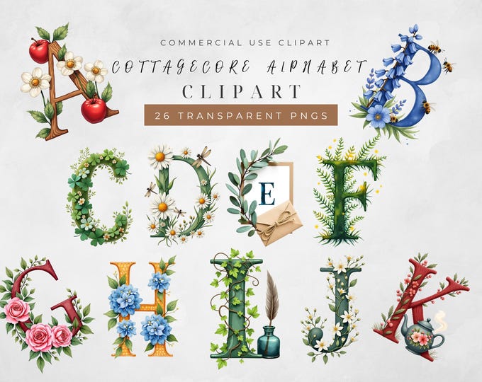 Cottage Core Clipart Alphabet Letters | Botanical PNG Fonts | Garden ...