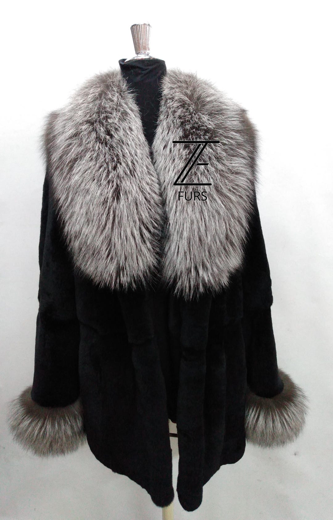 Black Rex Rabbit Fur Jacket With Silver Fox Collar Cuffs - Etsy