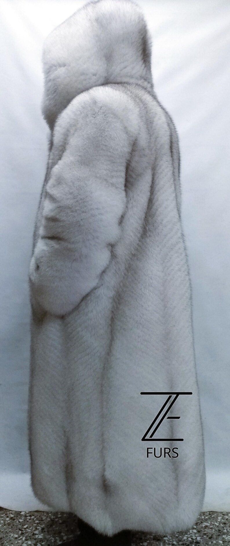 Handmade Blue Fox Fur Men's Overcoat With Hood, Full Length Luxury Fur ...