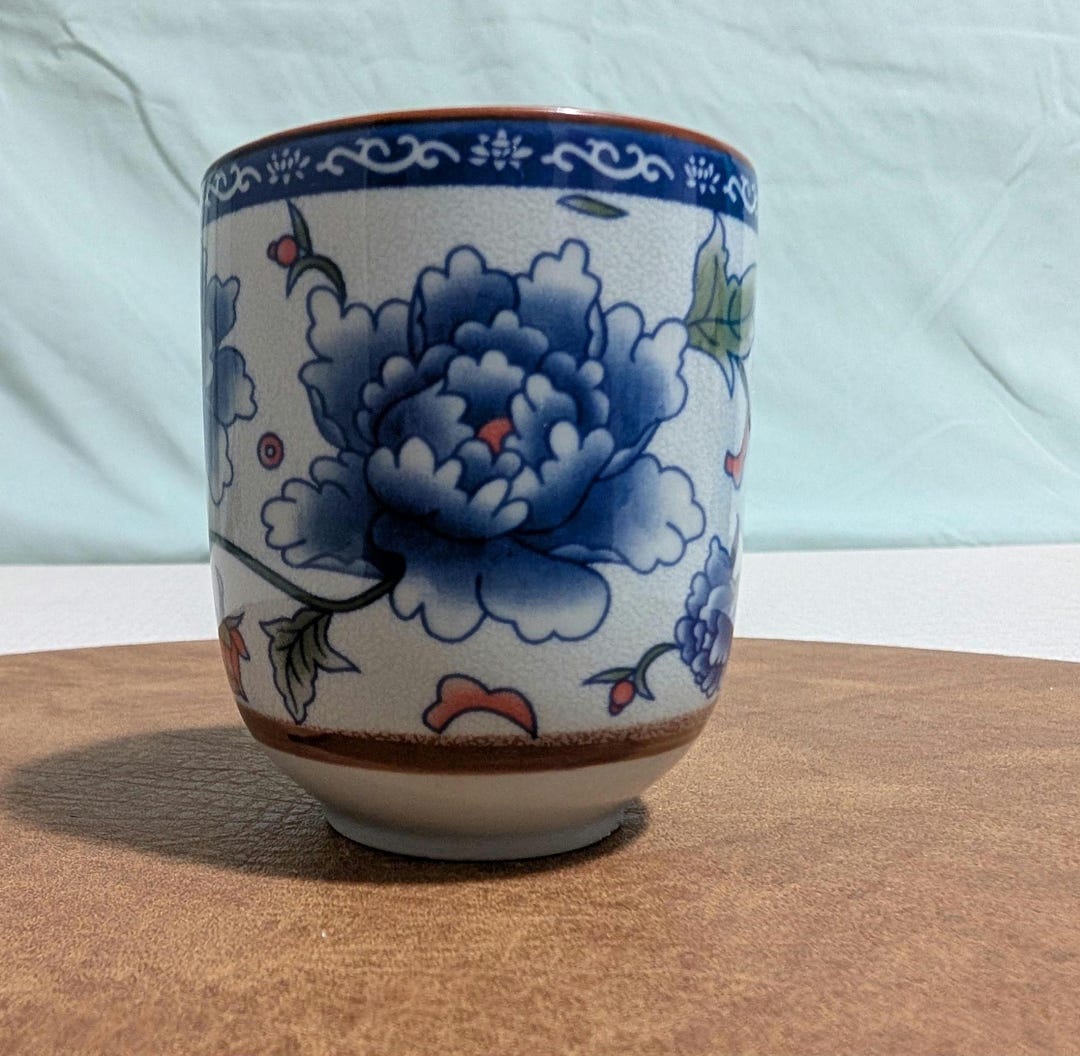 Blue & White Peony Tea Cup / Yunomi - Hand-painted Japanese Style ...