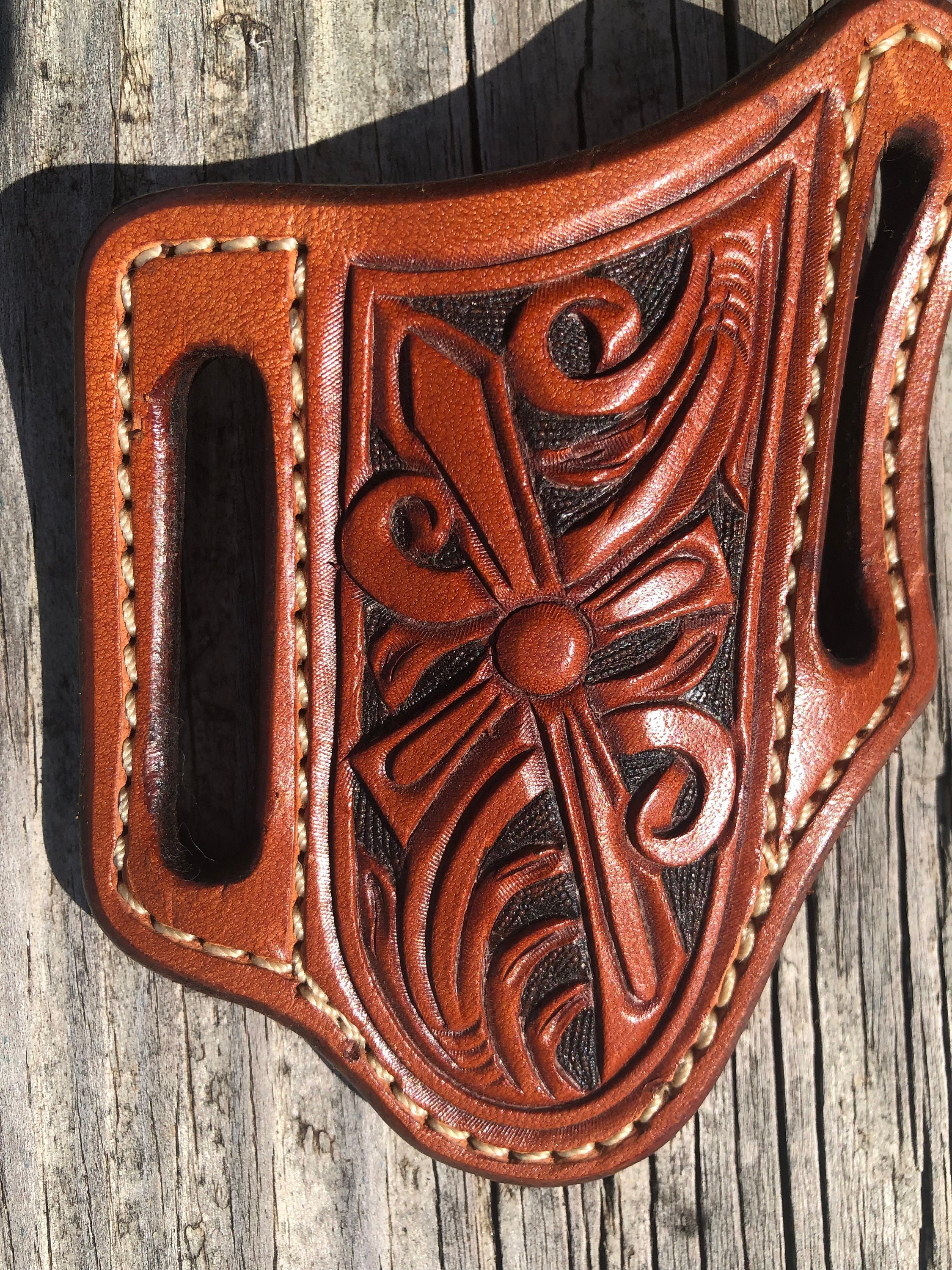 Tooled Leather Pocket Knife Sheath, Cross and Scroll Tooled Leather ...